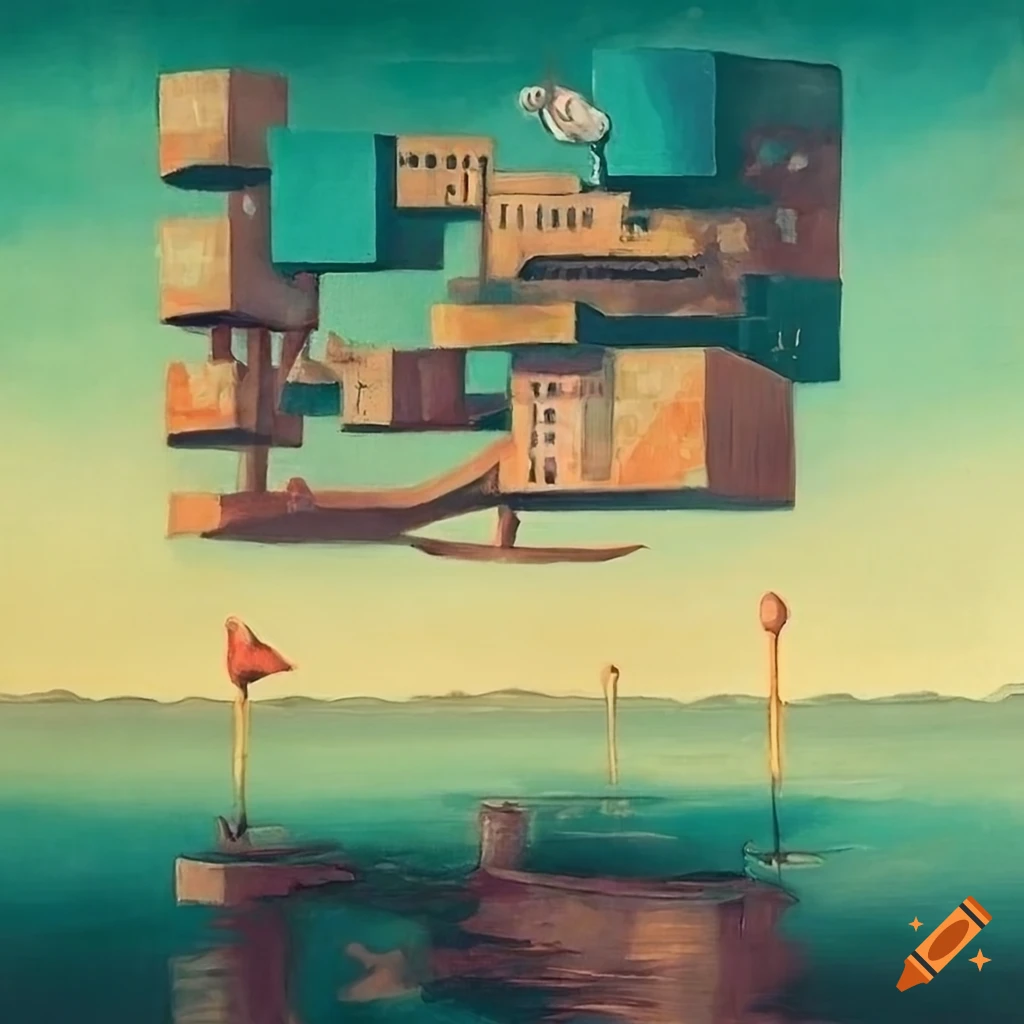 Retro surrealist art with urban motifs and strange forms on Craiyon