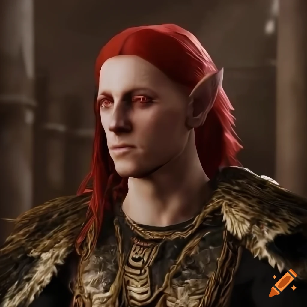 Portrait of a pale-white-skinned, red-long-haired elf king with iron ...