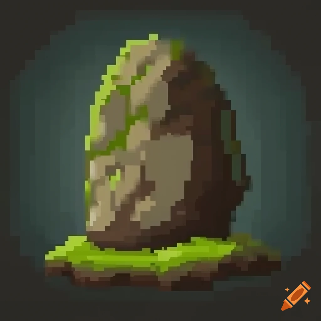 Detailed side view of moss-covered boulder in pixel art style on Craiyon