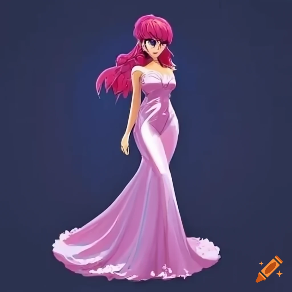 Ranma in pink sequined evening gown with dramatic lighting on Craiyon