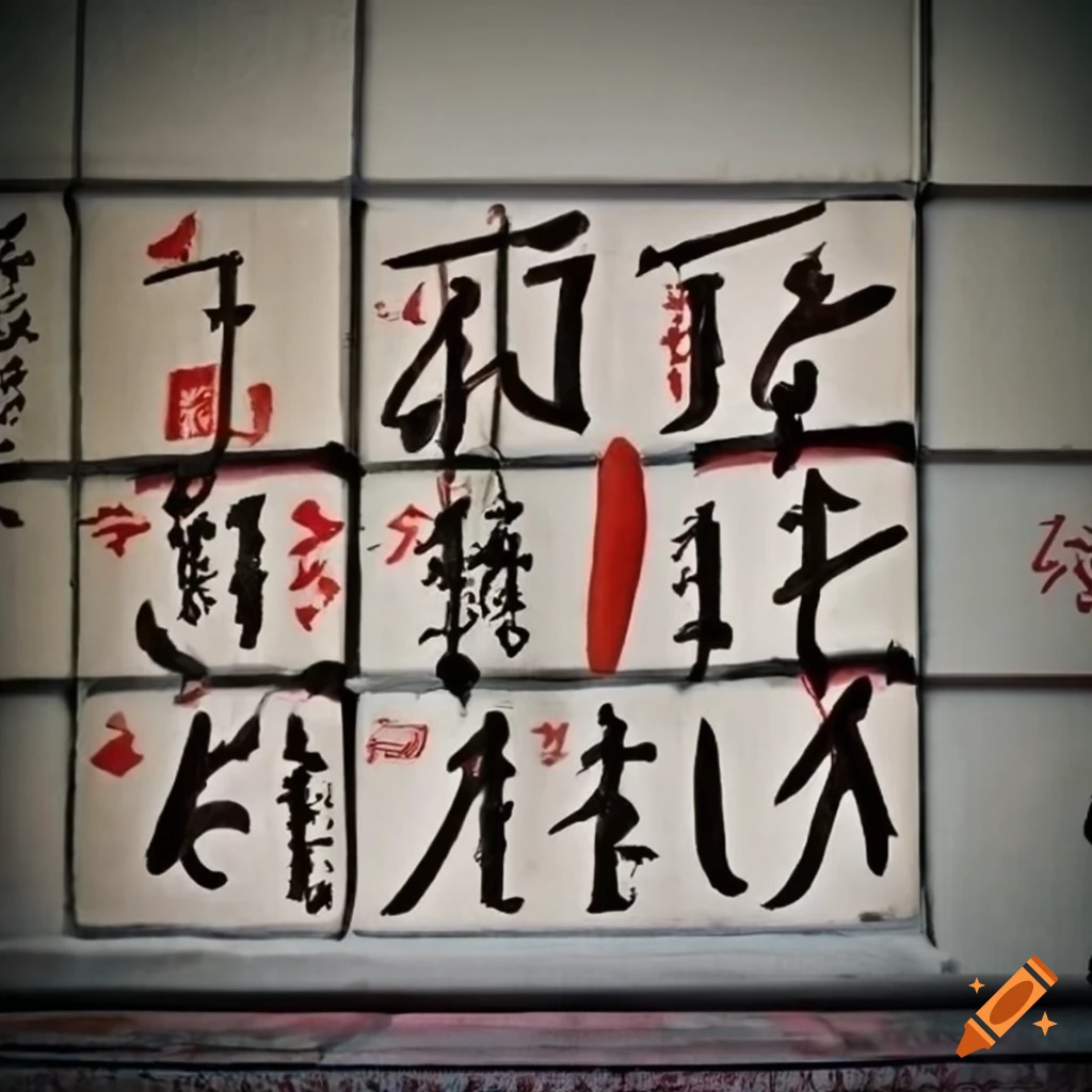 Kabuki japanese letters and words on a wall on Craiyon