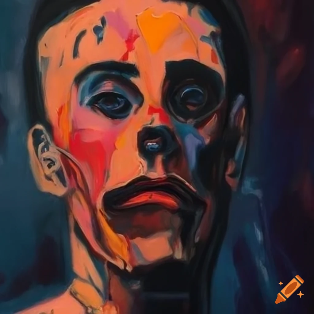 Neo expressionist oil painting of a rugged man with semi-hidden faces ...