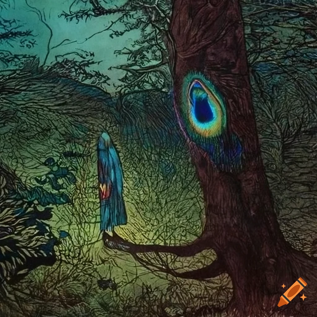 Raven in a colorful hooded cloak walking in a twilight forest garden on ...