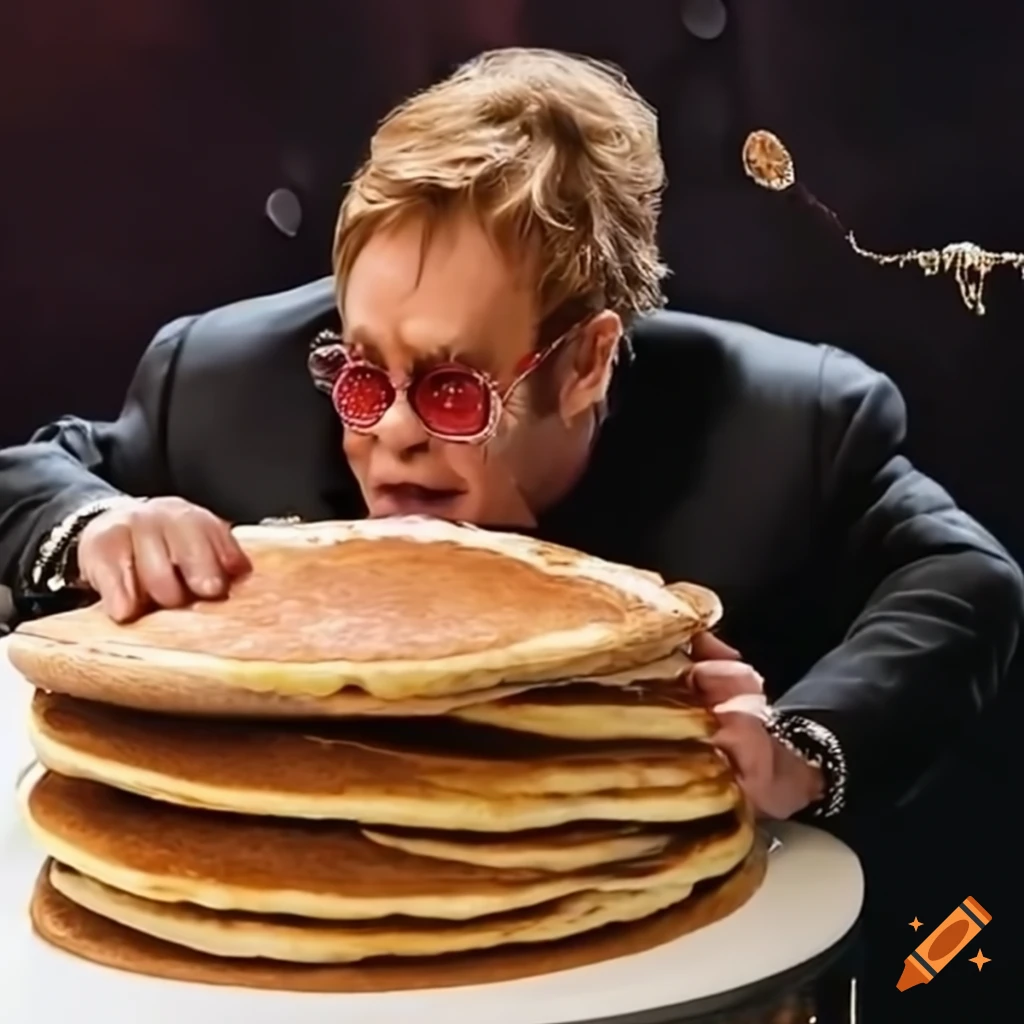 Elton john surprised by a huge stack of pancakes on Craiyon