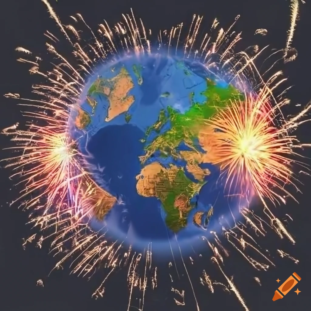 Earth map with fireworks over capital city on Craiyon