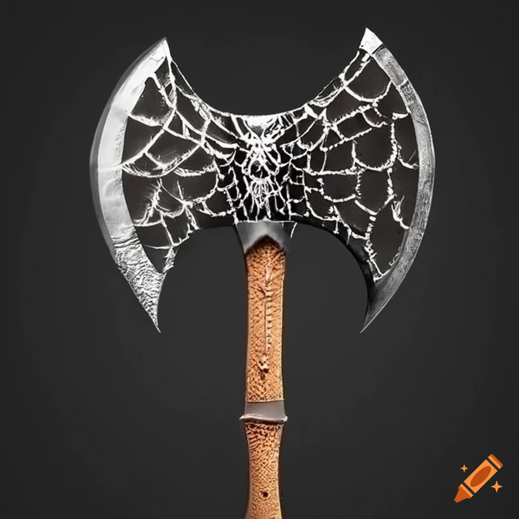 Intricately designed great axe with spiderweb motifs on Craiyon