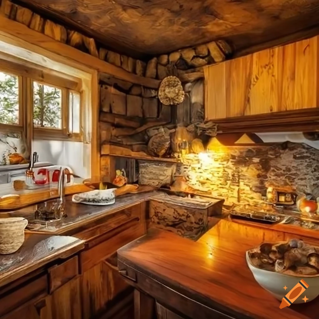Kitchen cottage with tree trunk countertop on Craiyon