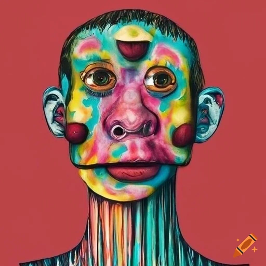 Poster with weird face in art brut style on Craiyon