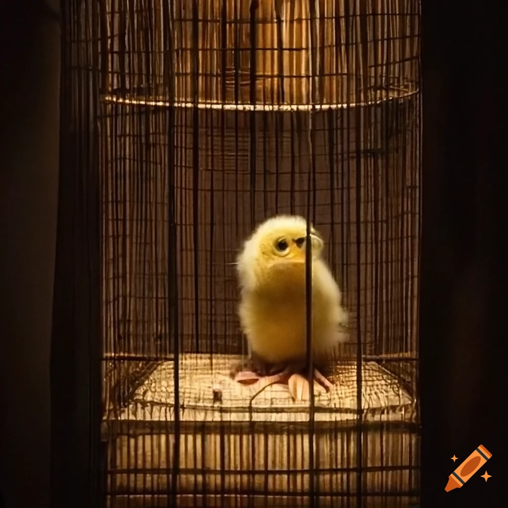 Unhappy chicken in a cage on Craiyon