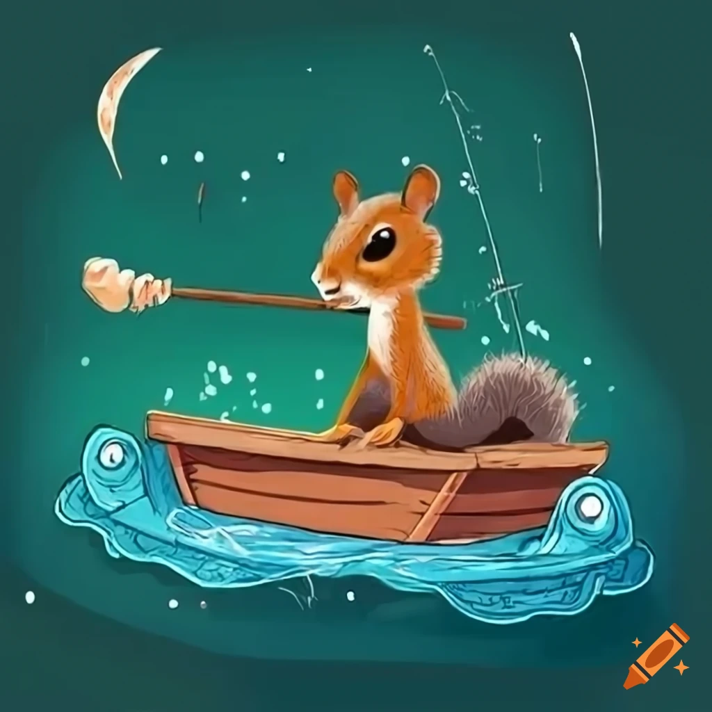 Squirrel fishing in a boat illustration on Craiyon