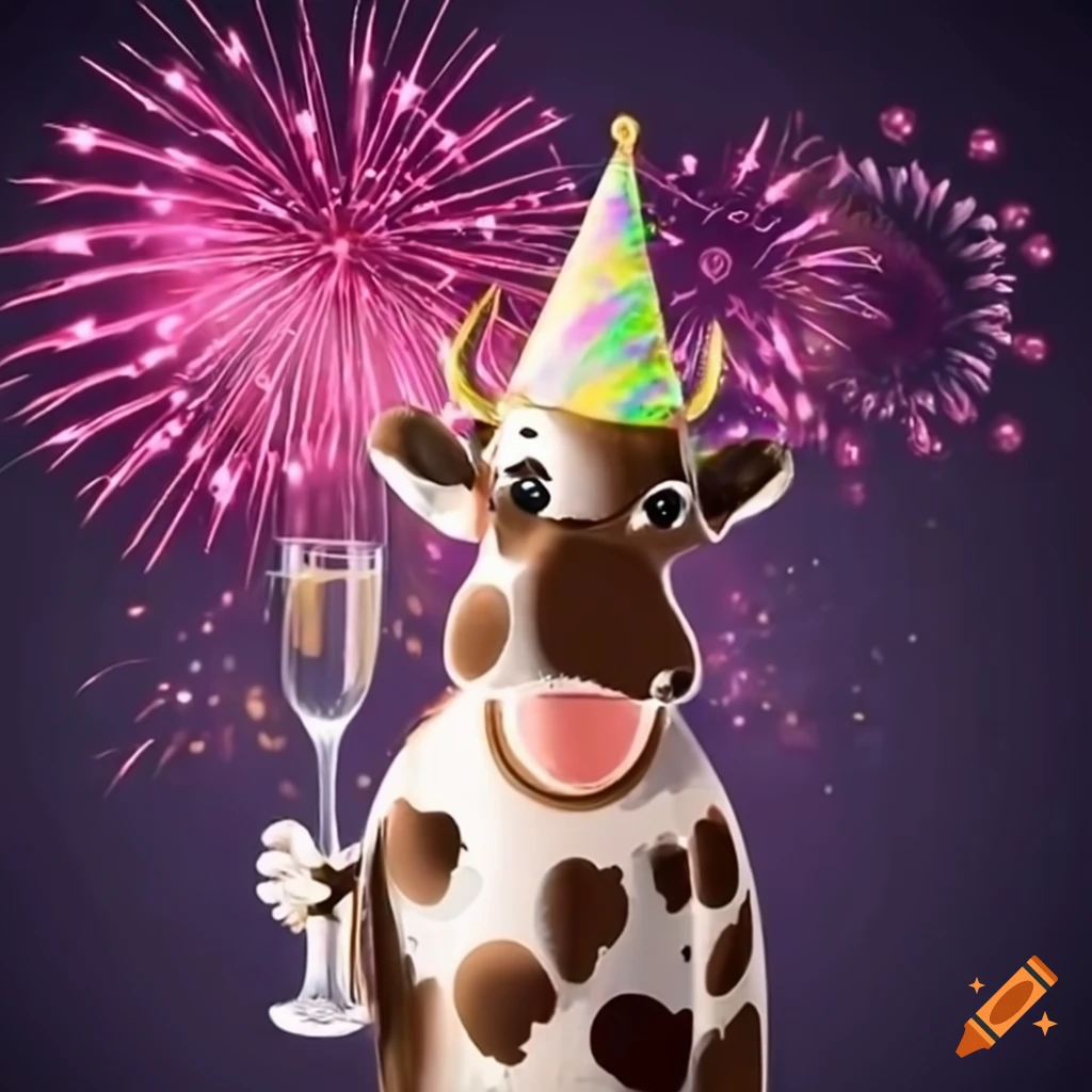 Cow wearing a party hat with a champagne glass, celebrating new year ...