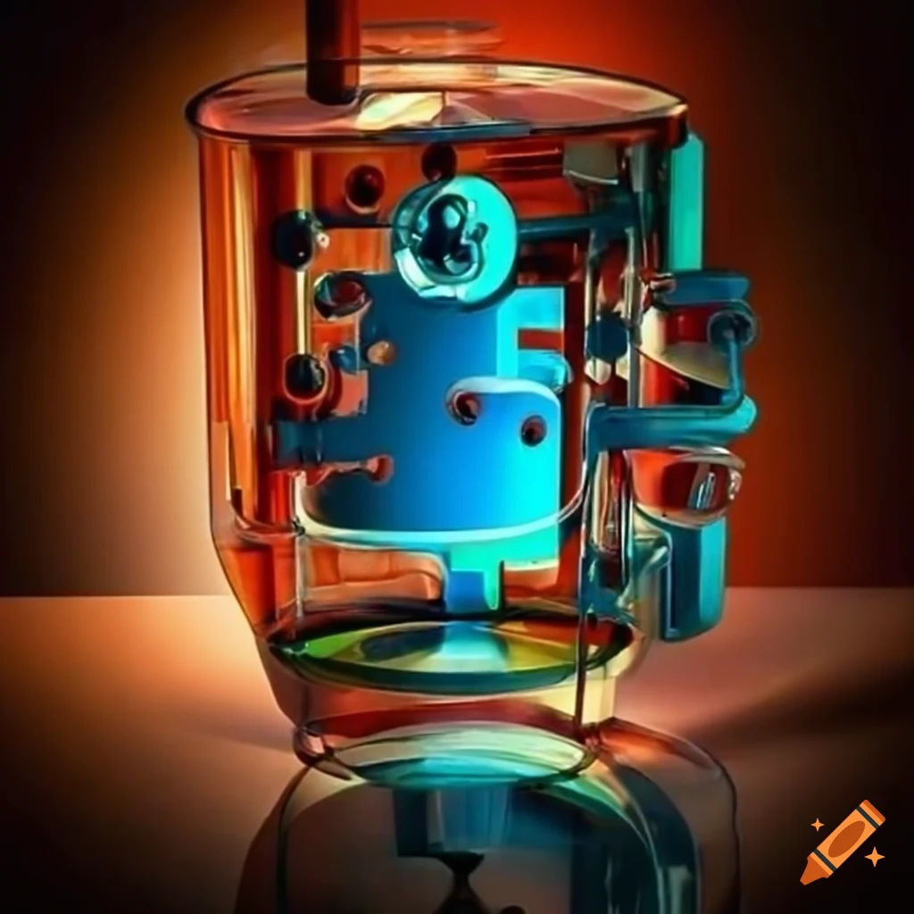 Surrealist puzzle machine system with glass, copper, plastic on Craiyon