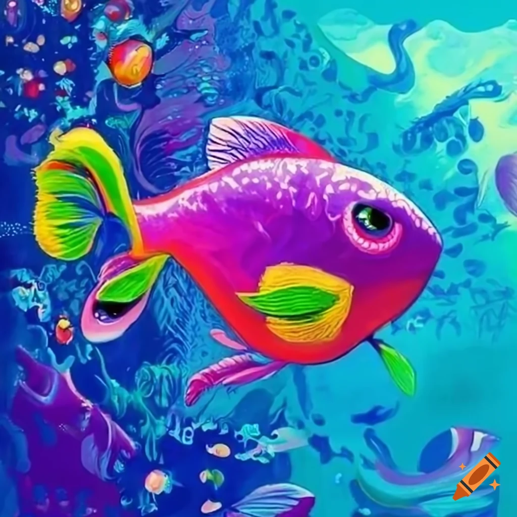 Colorful and vibrant lisa frank fish illustration on Craiyon