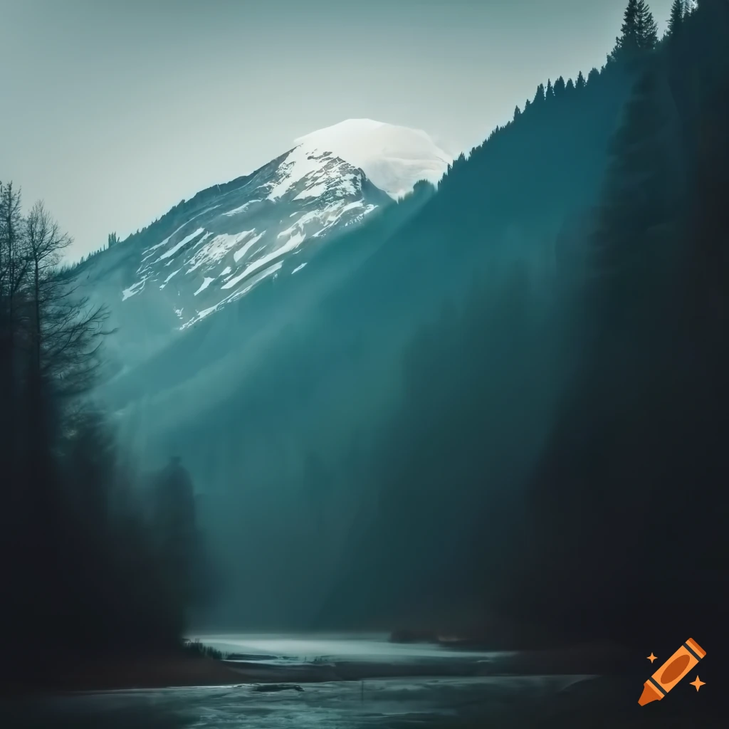 Serene snow-capped mountain with misty forest and clear stream on Craiyon