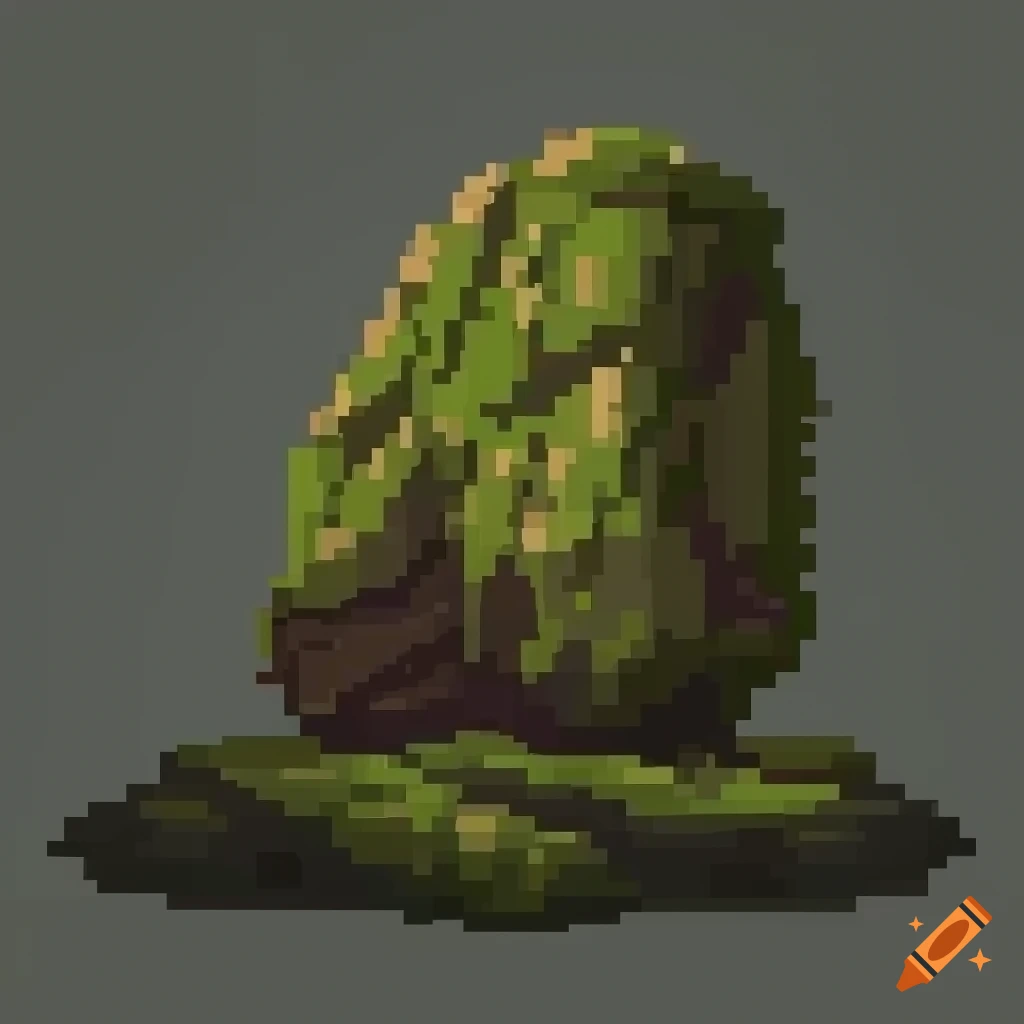 Detailed side view of moss-covered boulder in pixel art style on Craiyon