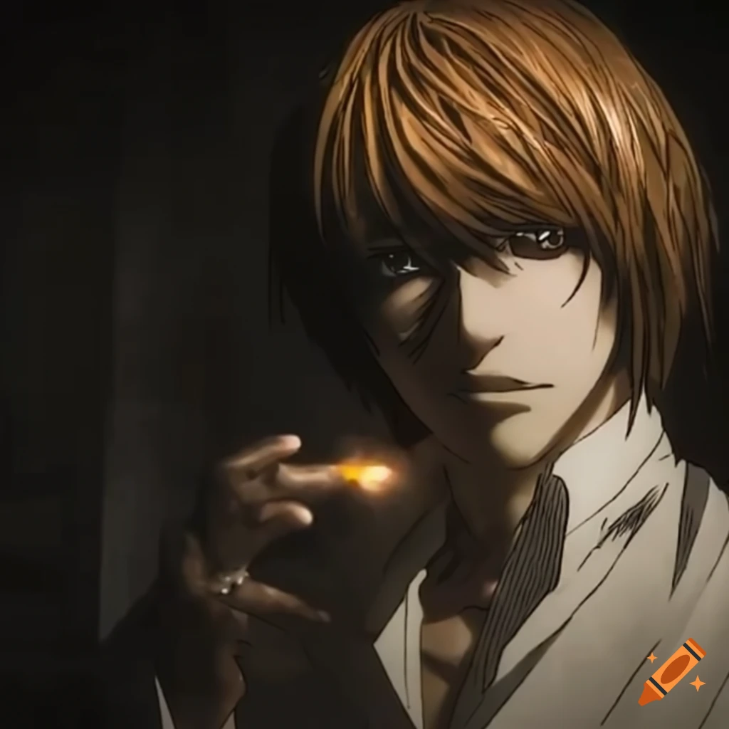 Yagami light from the death note smoking in the rain at night on Craiyon