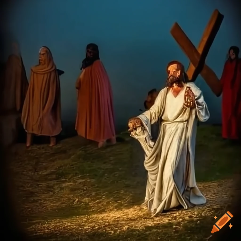 Religious depiction of jesus carrying the cross up calvario hill on Craiyon