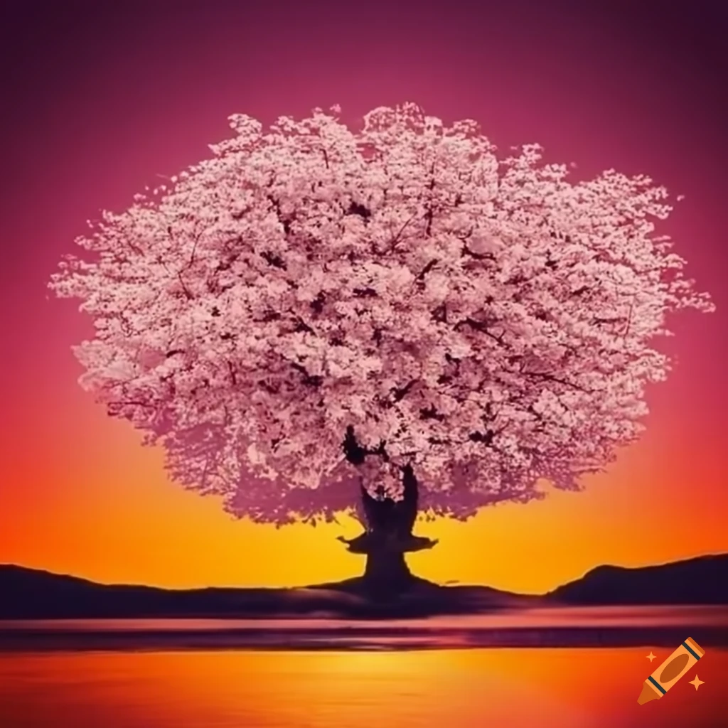 Cherry blossom tree against a sunset sky on Craiyon