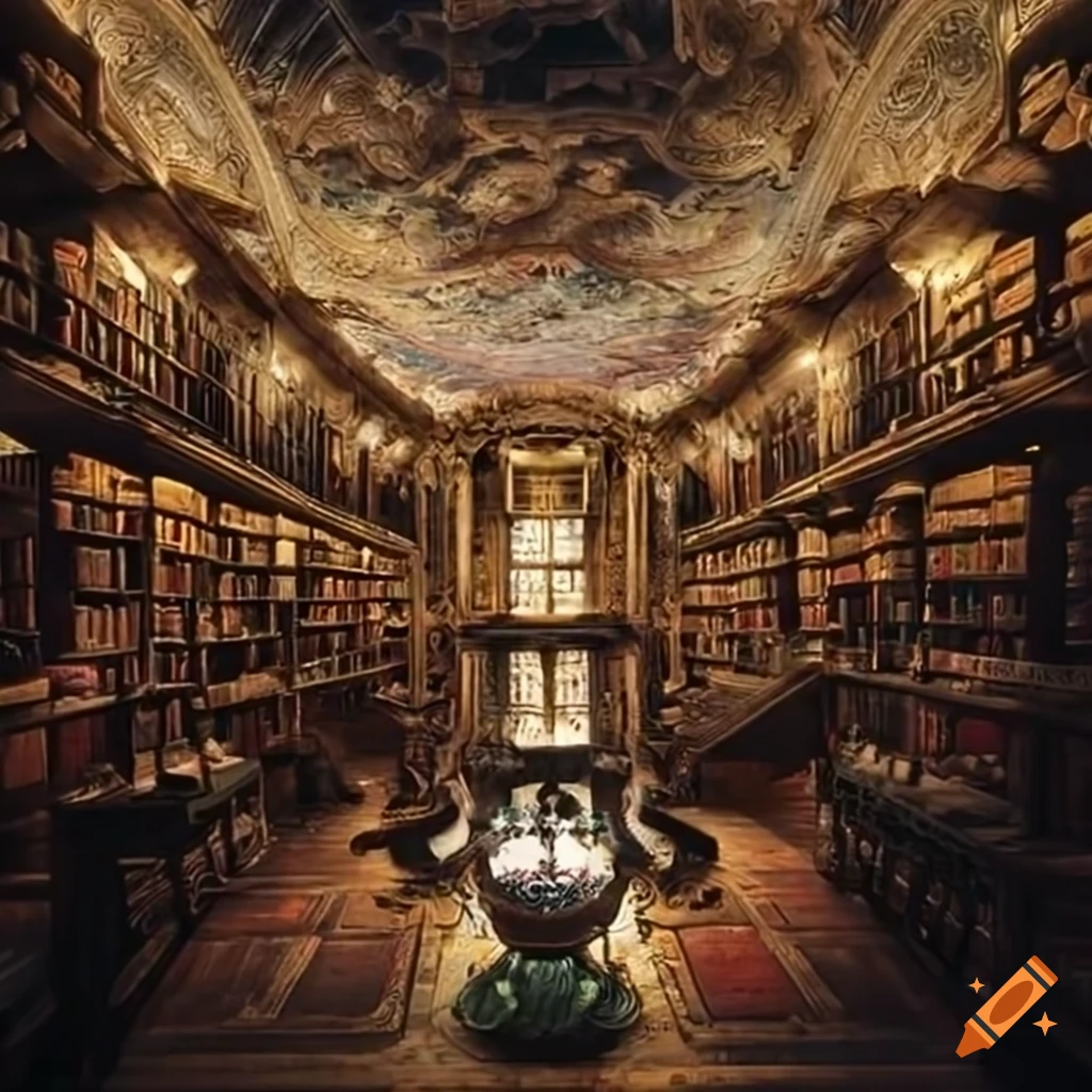 Enchanted library with ancient tomes under a crystal ceiling on Craiyon