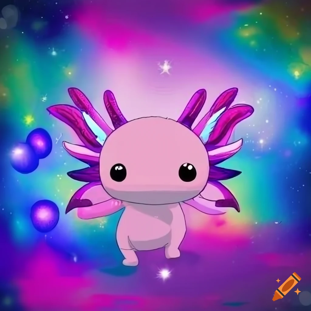 Cartoon rainbow unicorn axolotl with a pastel galaxy background on Craiyon