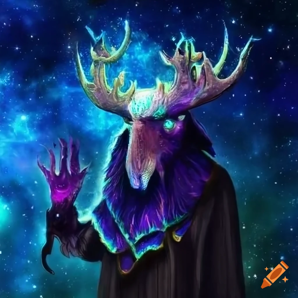Mystical cosmic moose wizard in enchanted robes with galaxy eyes on Craiyon