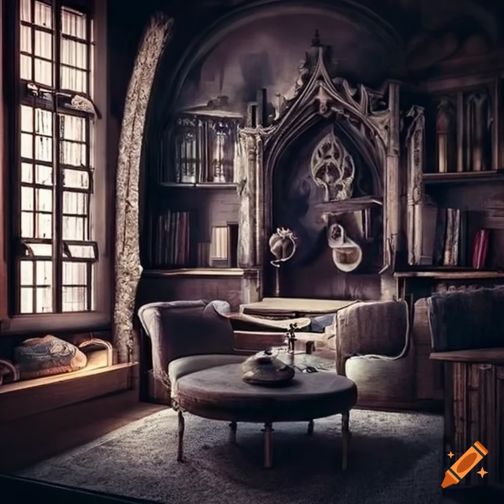 Mystical gothic house with a spooky lounge featuring a bookcase wall ...