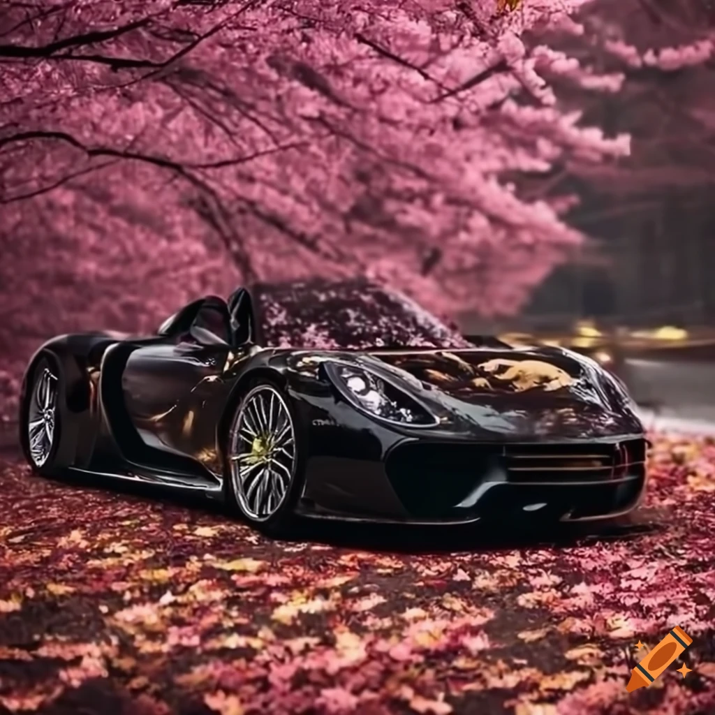 Japanese vibe forest with Sakura trees and a black Porsche 918 Spyder ...