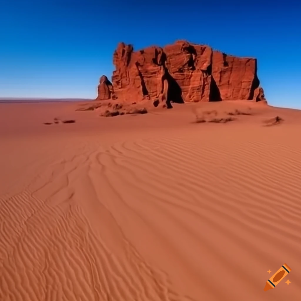 Sandy desert with large red-brown rocky outcrops on Craiyon