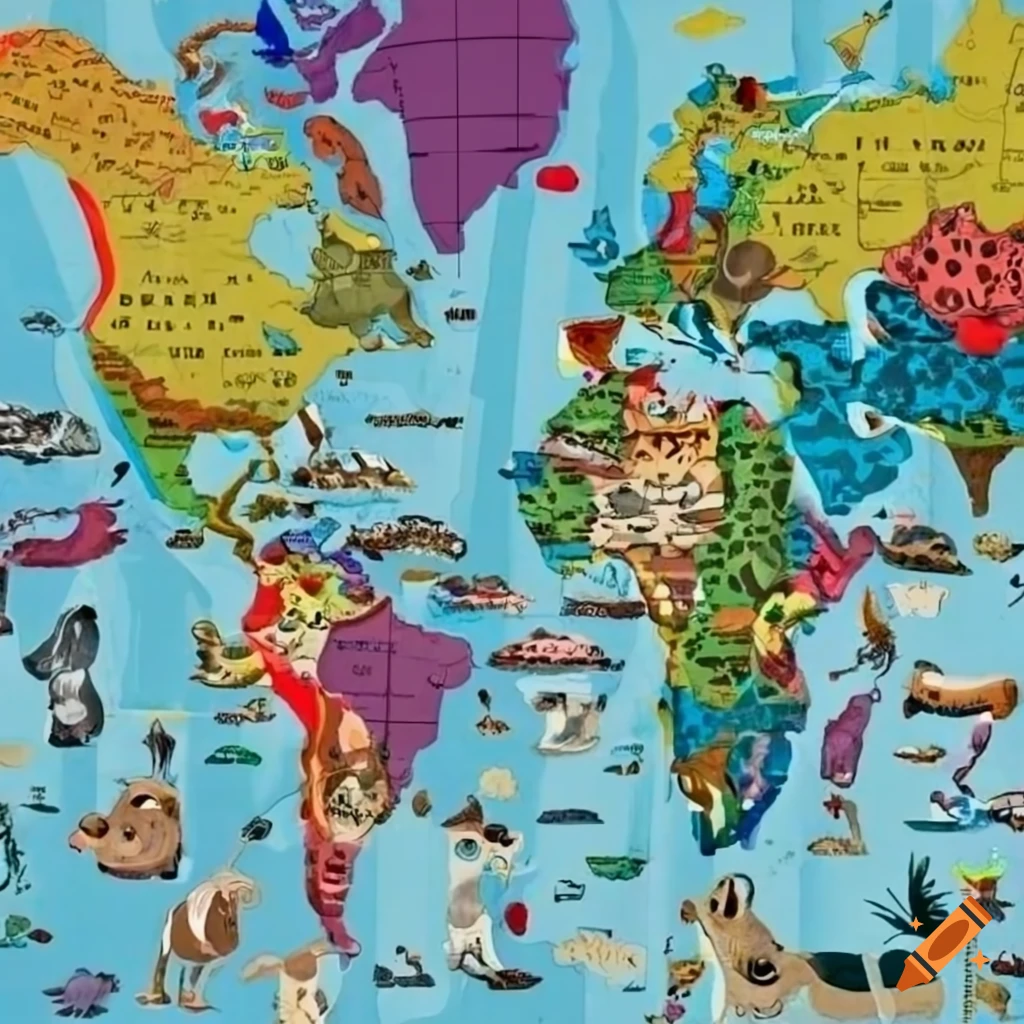 Colorful world map with well-known landmarks and animal habitats on Craiyon