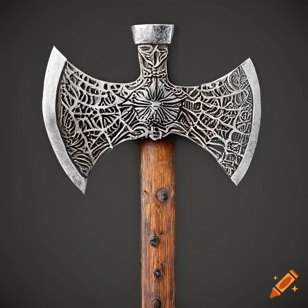 Intricately crafted antique symmetrical double-bladed axe with ...