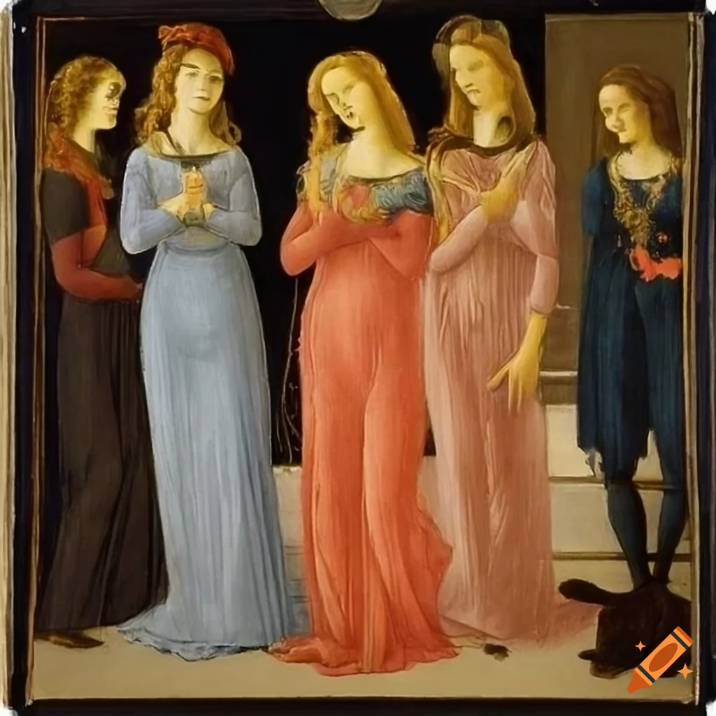 Full Body View Of Pre Raphaelite Young Ladies With Long Hair In The Style Of Cuno Amiet Gwen