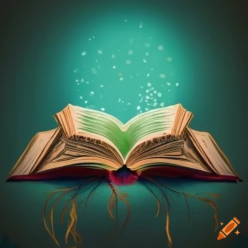 Open book with imaginative elements and nature in a realistic style on ...