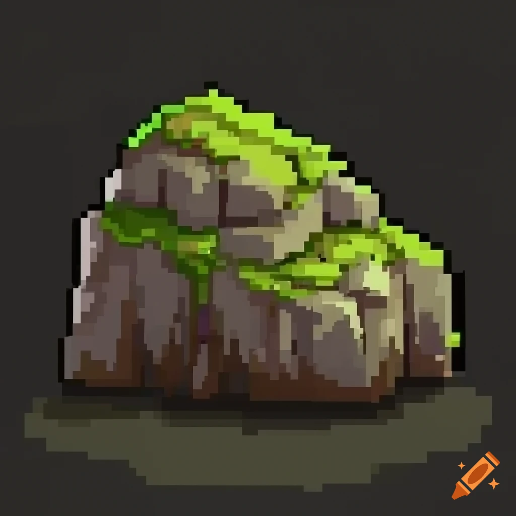Detailed side view of moss-covered boulder in pixel art on Craiyon