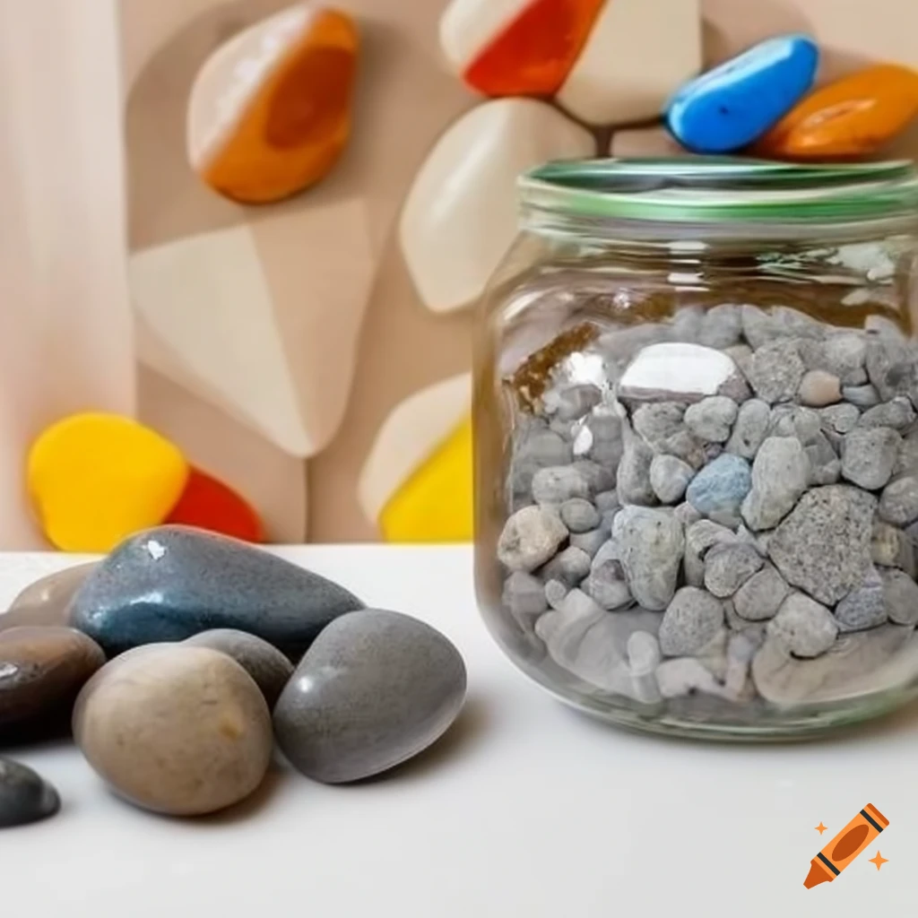 Glass jar filled with pebbles and gemstones on Craiyon