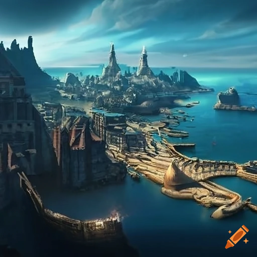 Large fantasy port town built on a caldera on Craiyon