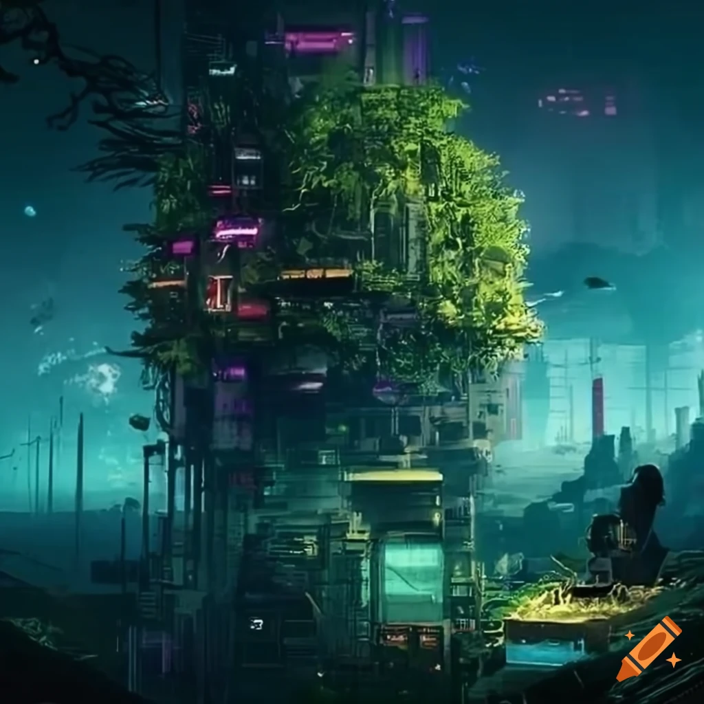 Integration of nature and technology in solarpunk and cyberpunk style ...