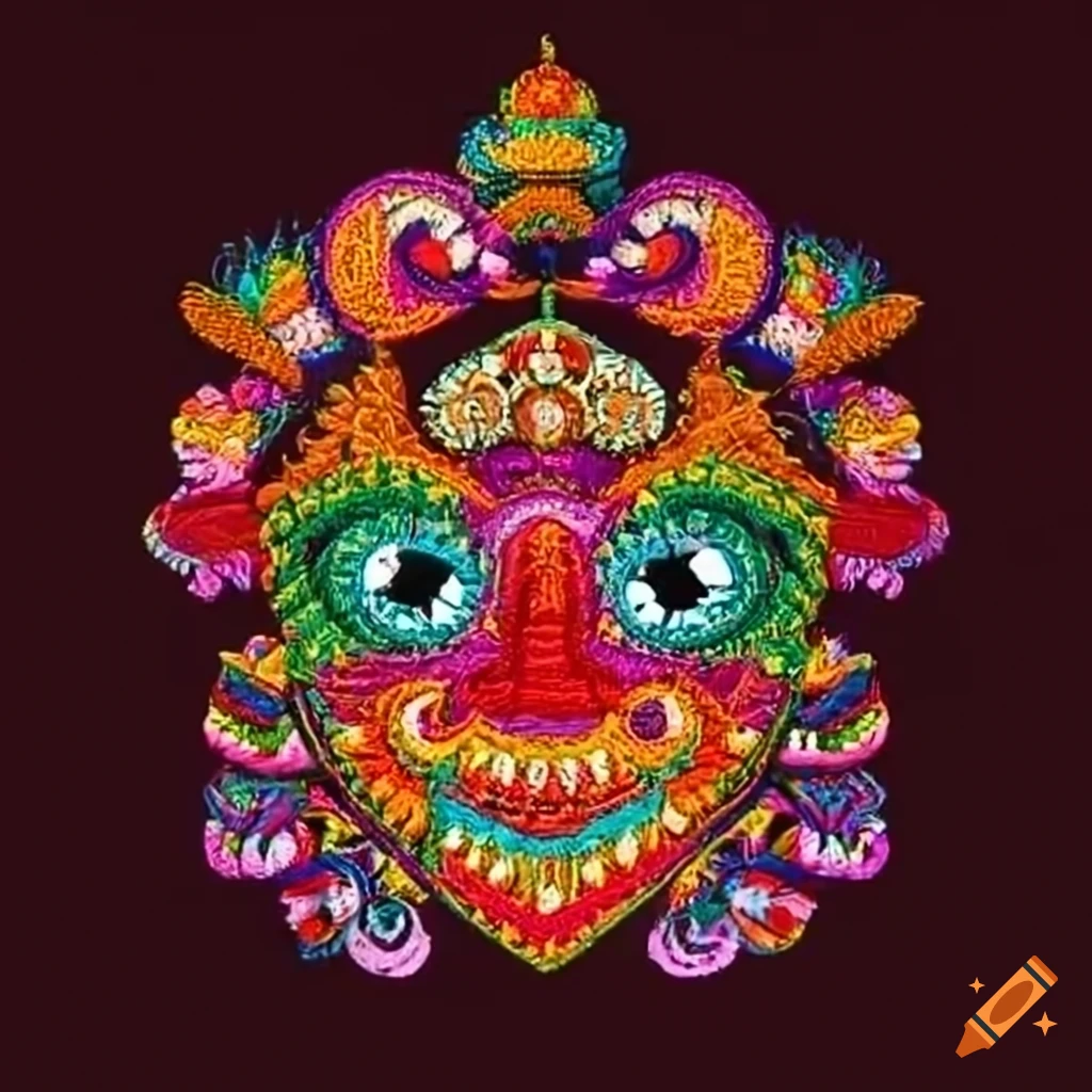 Embroidery layout of Ladakhi cham dance mask with shapes, flowers and ...