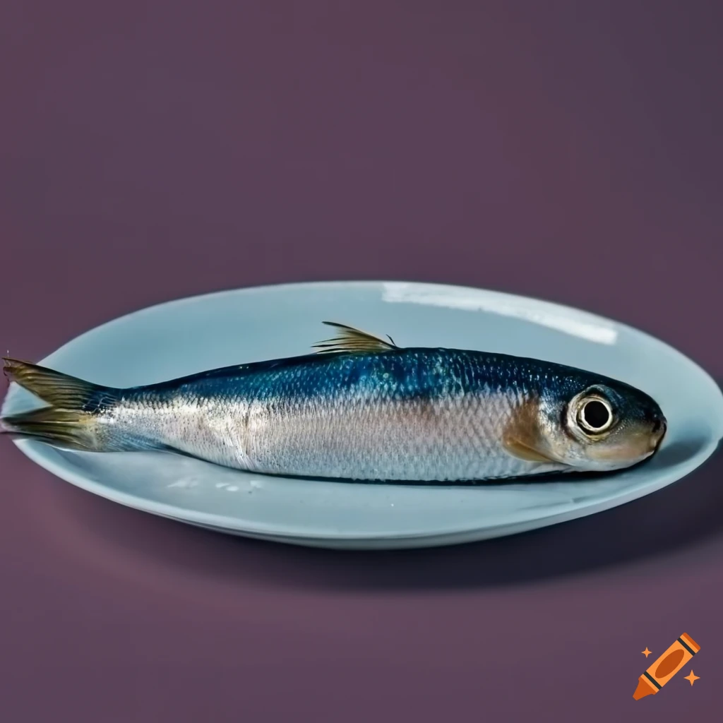 Single sardine fish with glistening scales on a plate on Craiyon