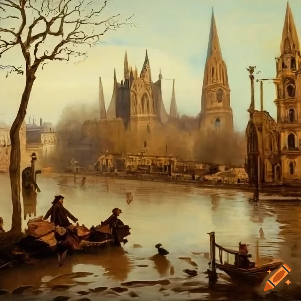 Historical artwork of a city and cathedral during a mud flood in the ...