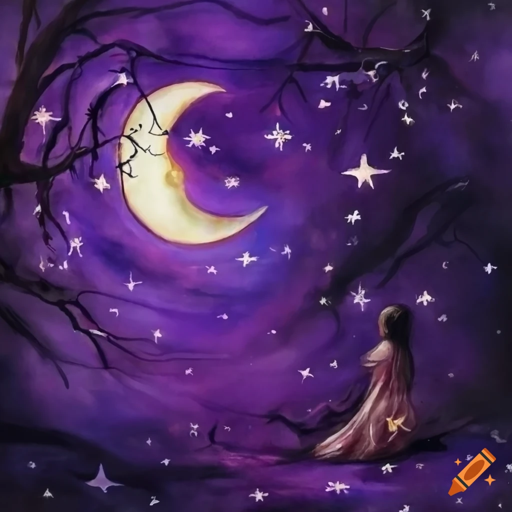 Whimsigoth painting purple hanging stars and moon on Craiyon