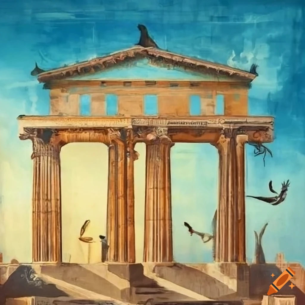 Ancient greek temple painting with columns, doorways, and birds under a ...