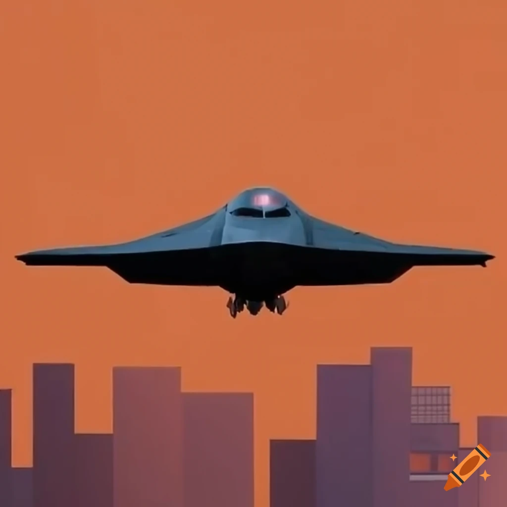 Stealth reconnaissance plane flying over city of block buildings on Craiyon