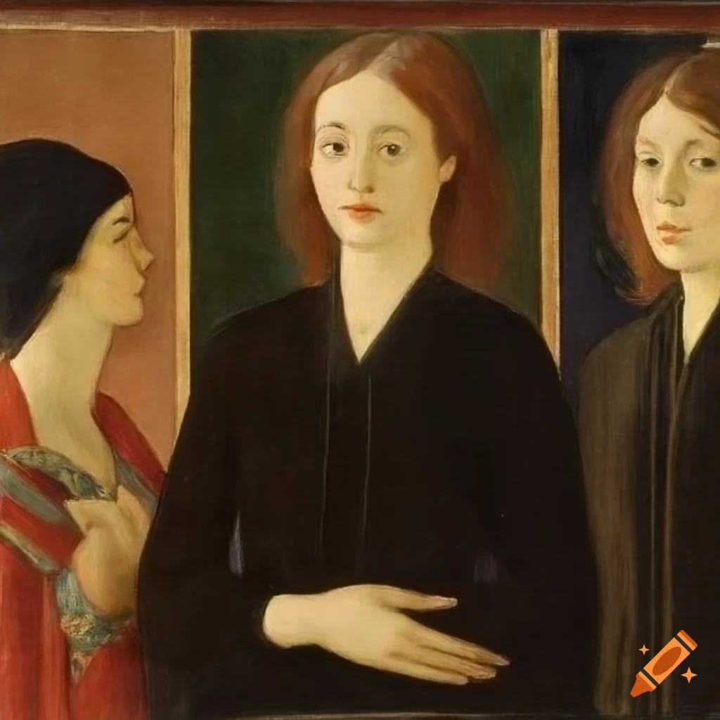 Full body view of pouty pre-raphaelite young ladies with long hair in ...