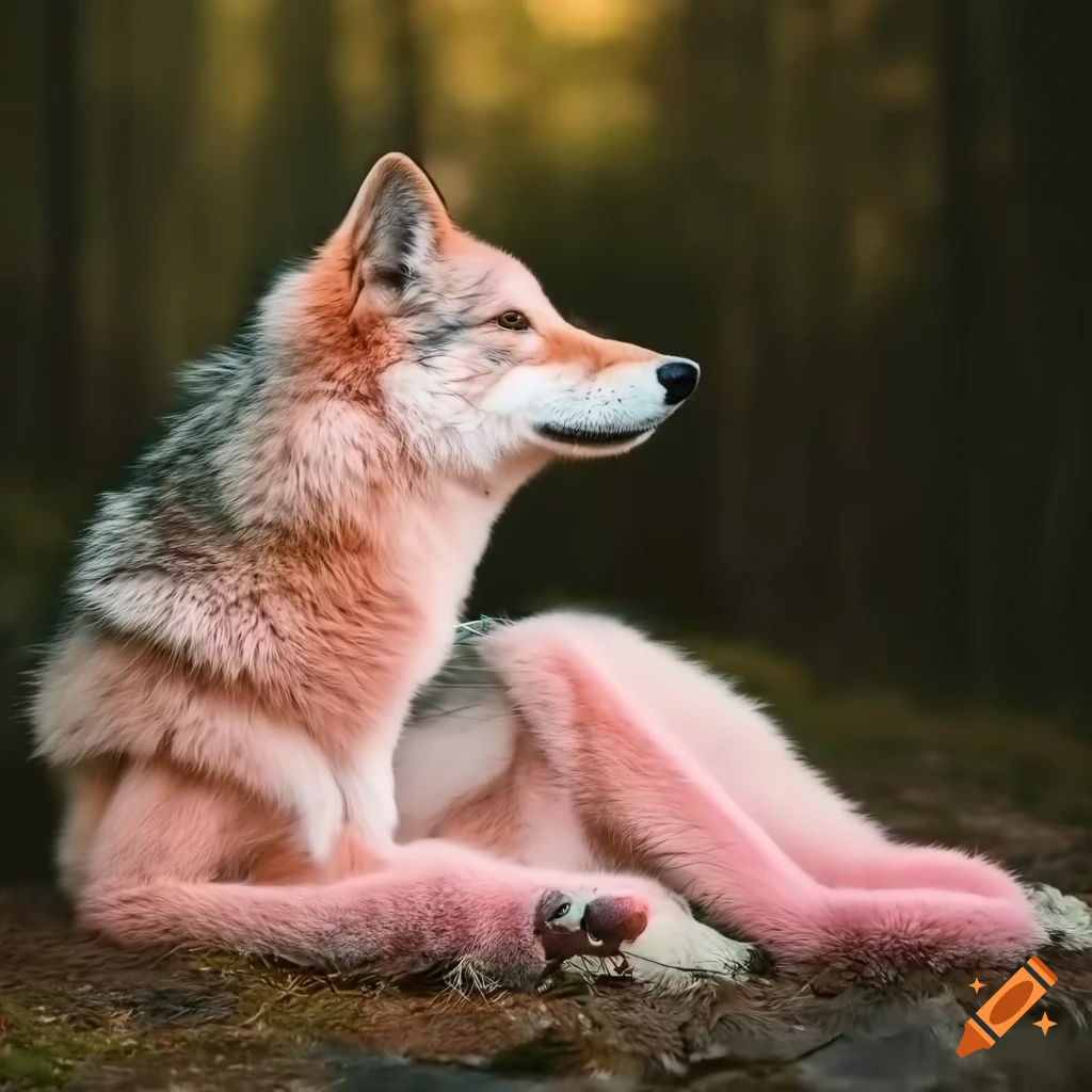 Cute wolf with pastel pink fur lying on forest floor at sunset on Craiyon