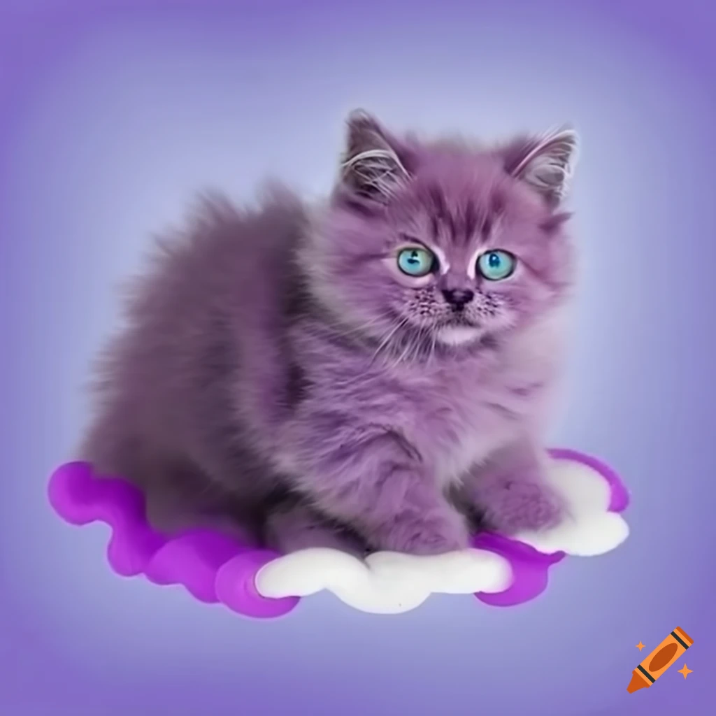 Fluffy purple kitten sitting on a cloud on Craiyon