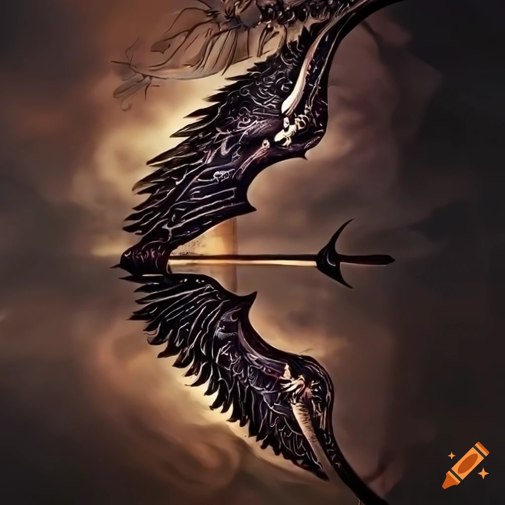 Ebony longbow with intricate raven wings in a fantasy setting on Craiyon