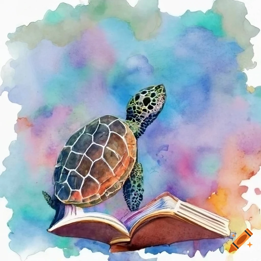 Sea turtle reading a book in watercolor with a white background on Craiyon