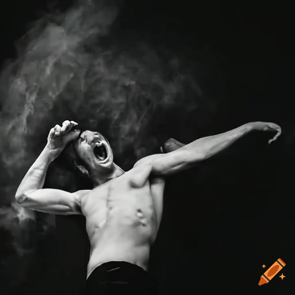 Excited person jumping and screaming in black and white with an ...