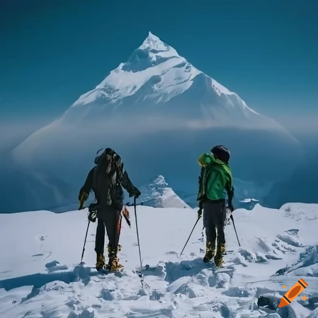 Adventurers on snow-capped peak admiring the view on Craiyon