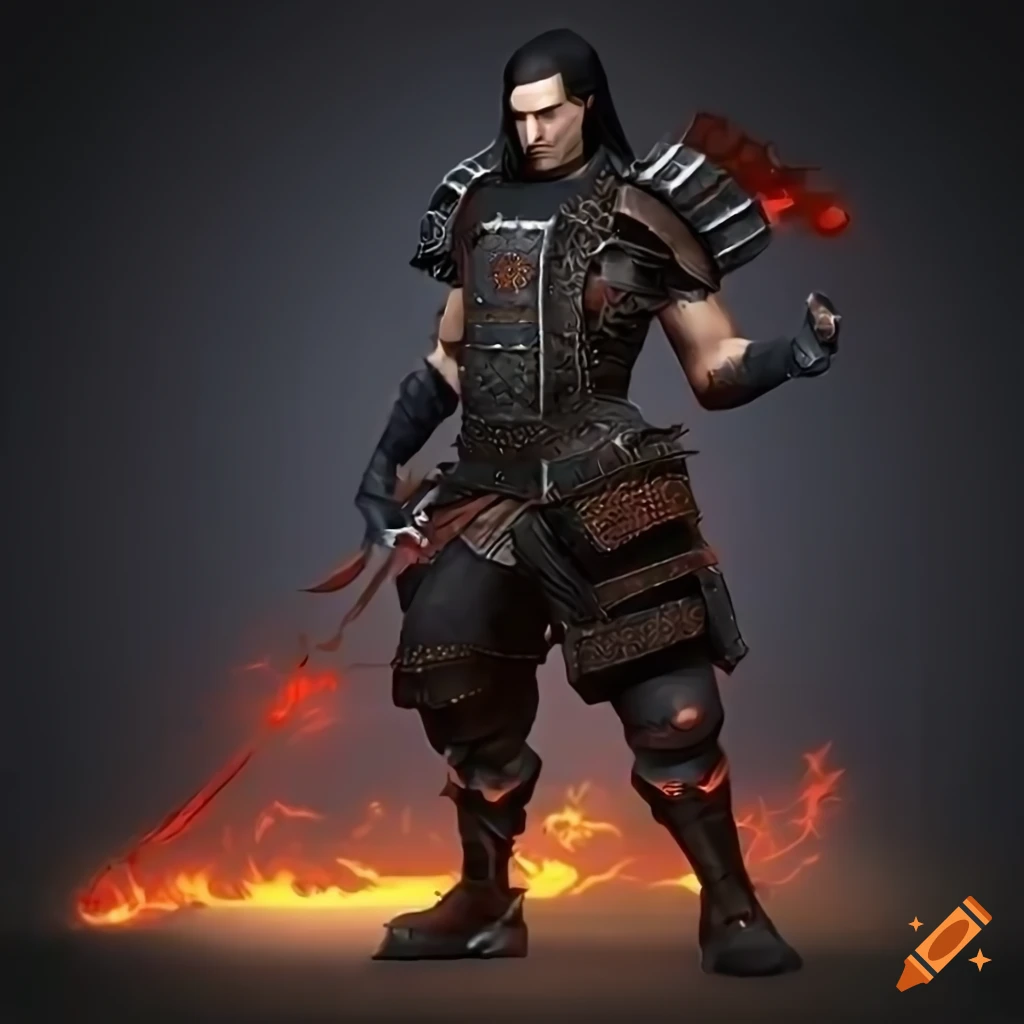 Strong male fighter with glowing flaming sword in battle scene on Craiyon